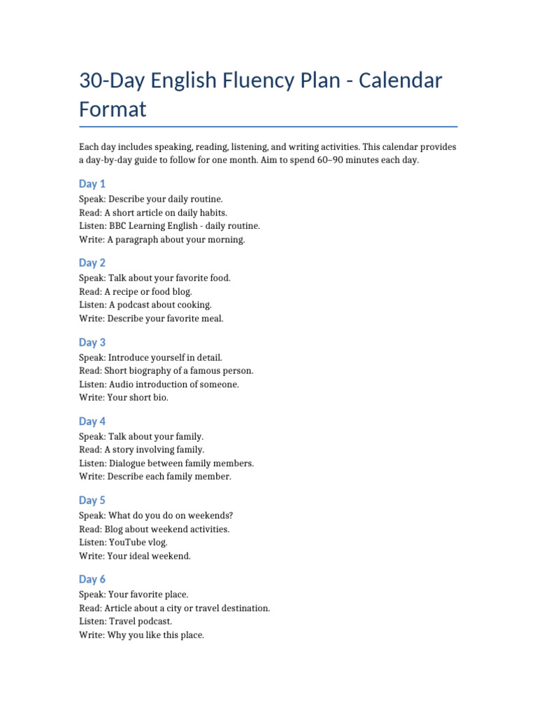 30-Day English Fluency Calendar | PDF | Human Communication
