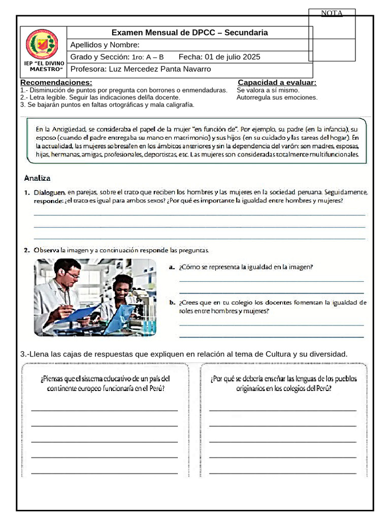 Examen de DPCC de 1ro A 5to | PDF | Adolescencia | Comportamiento