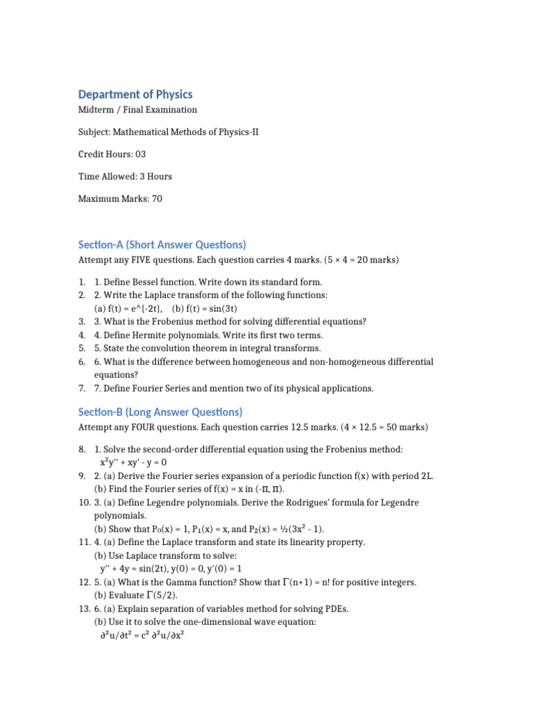 Mathematical Methods of Physics II Exam Paper | PDF