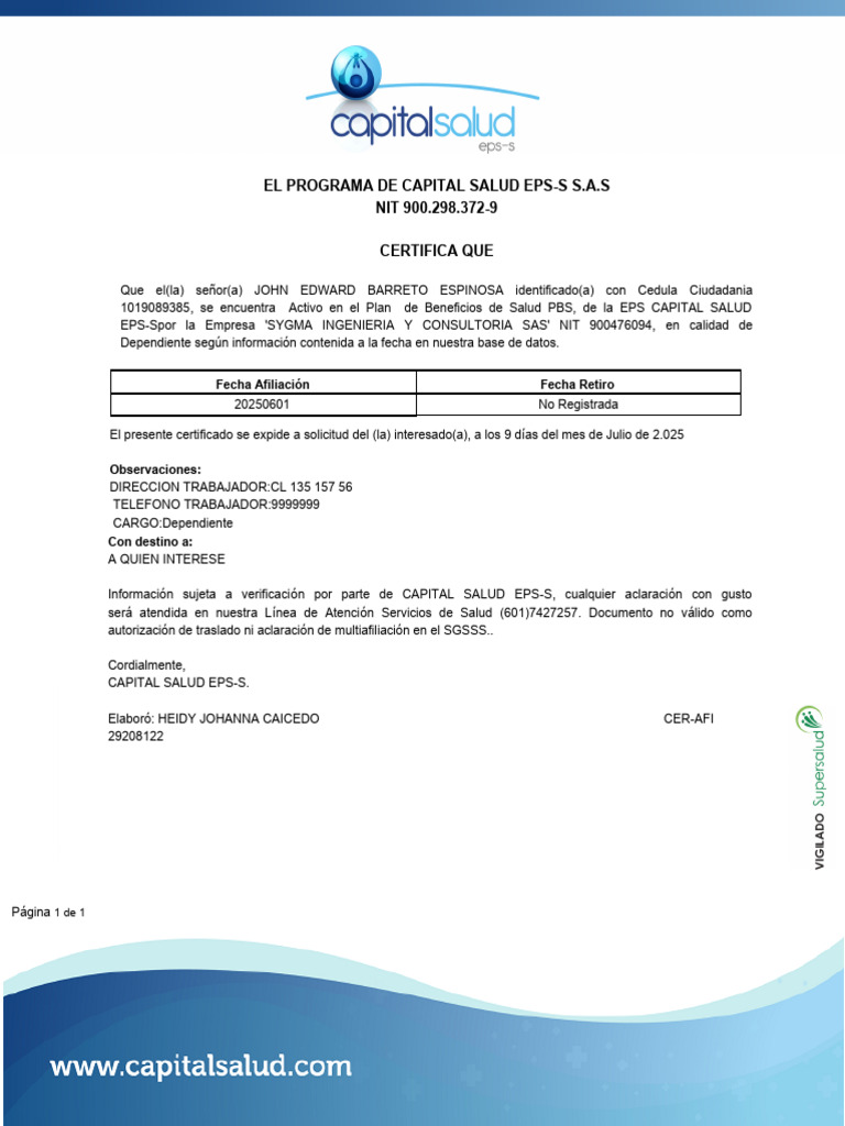 El Programa de Capital Salud Eps-S S.A.S NIT 900.298.372-9 Certifica Que | PDF