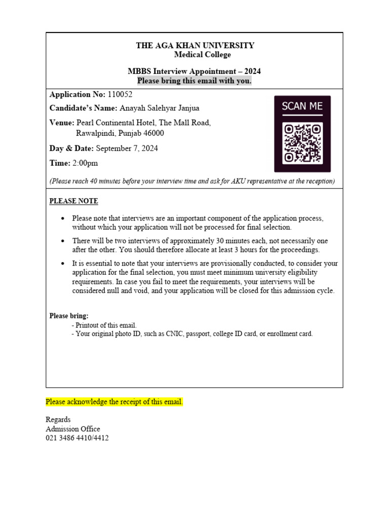 AKU MBBS Interview Appointment 2024 | PDF
