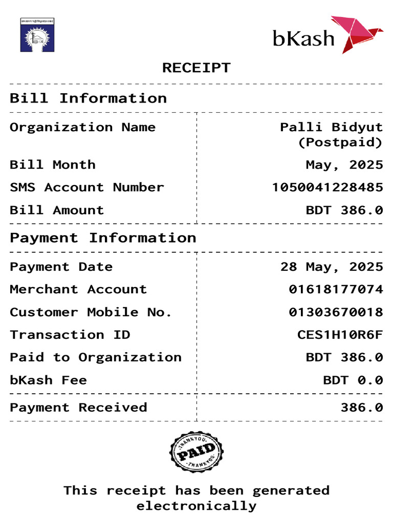 Palli Bidyut (Postpaid) - 1050041228485 - 20250528212124923 | PDF
