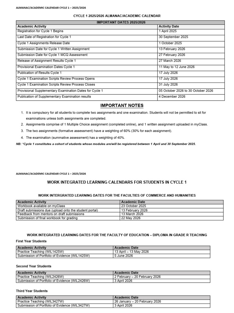 Student Academic Almanac 2025-2026 Cycle 1 | PDF | Educational Stages