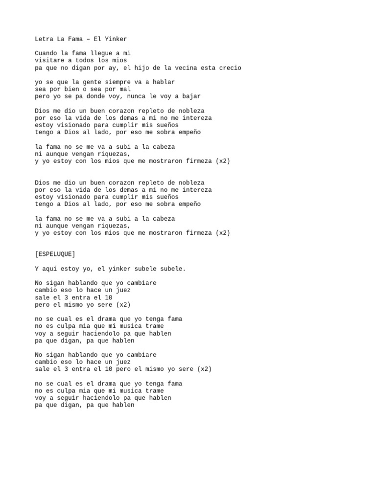 Letra La Fama El Yinker | PDF