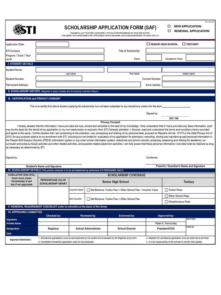 STI Scholarship Application Form | PDF