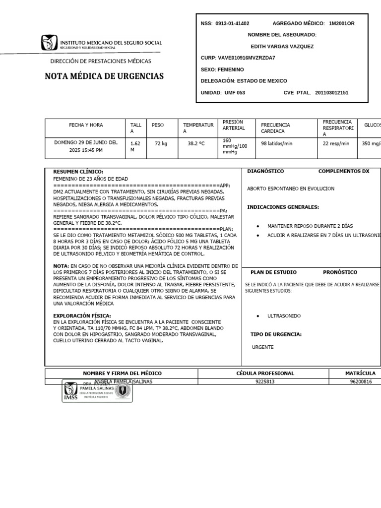 Nota Médica de Urgencias: Aborto Espontáneo | PDF | Enfermedades y ...