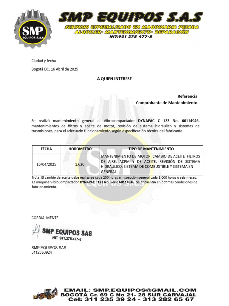 Certificado de Mantenimiento Vibrocompactador Dynapac c122 Abril 25 | PDF