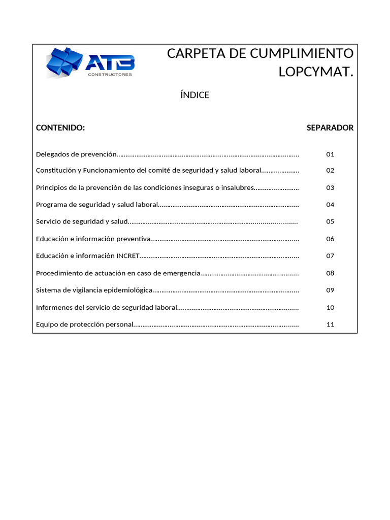 Carpeta de Cumplimiento Lopcymat-Indice | PDF