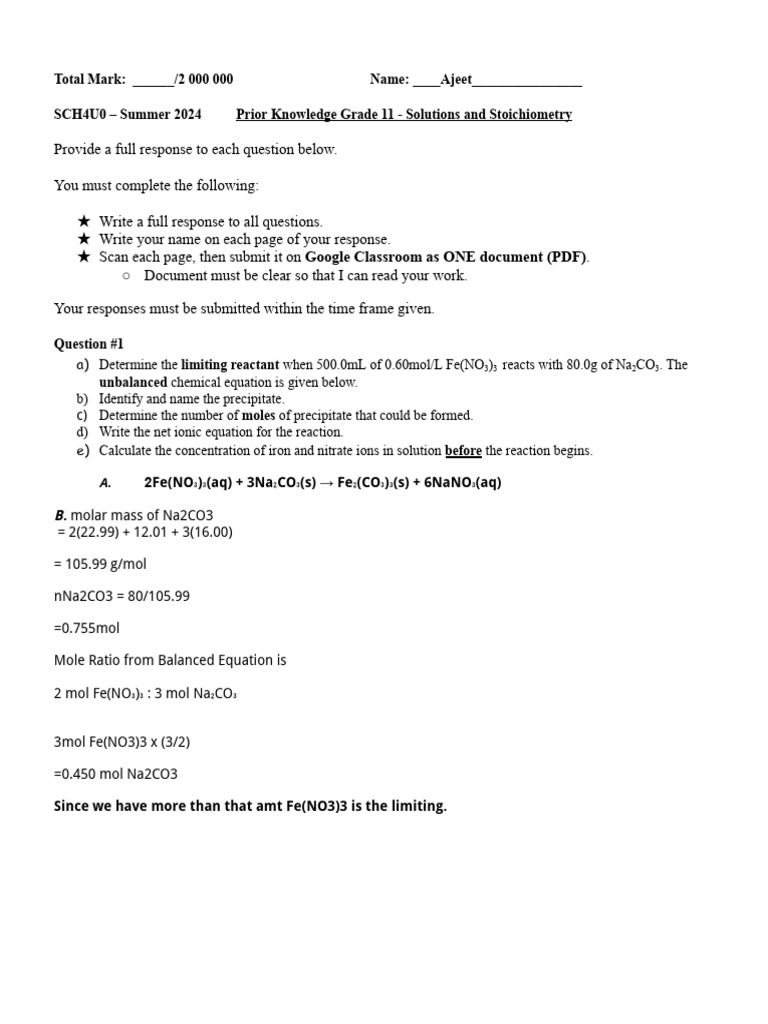 Review Quiz - GR 11 Solutions Stochiometry Summer 2025 Ajeet | PDF | Acid | Stoichiometry