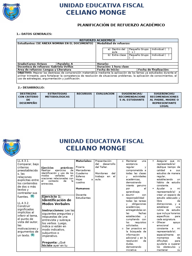 Planificacion Refuerzo 8vo, 9no. G. Uvillus | PDF | Salón de clases ...
