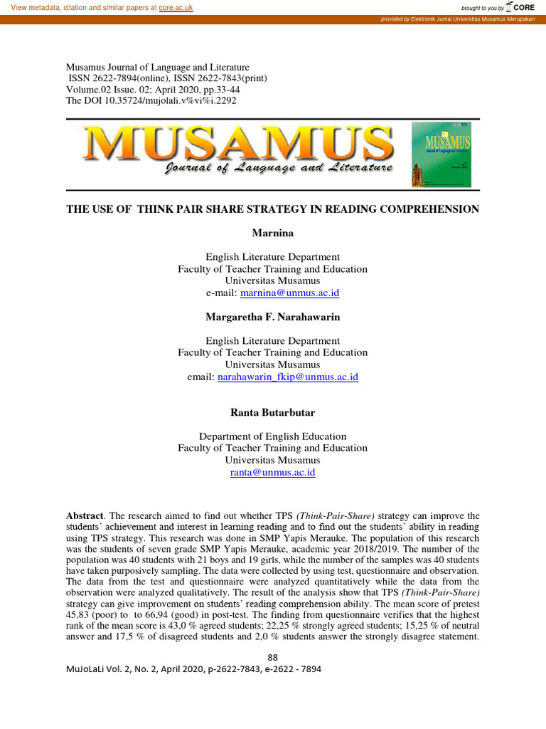 The Use of Think Pair Share Strategy in | PDF | Reading Comprehension ...