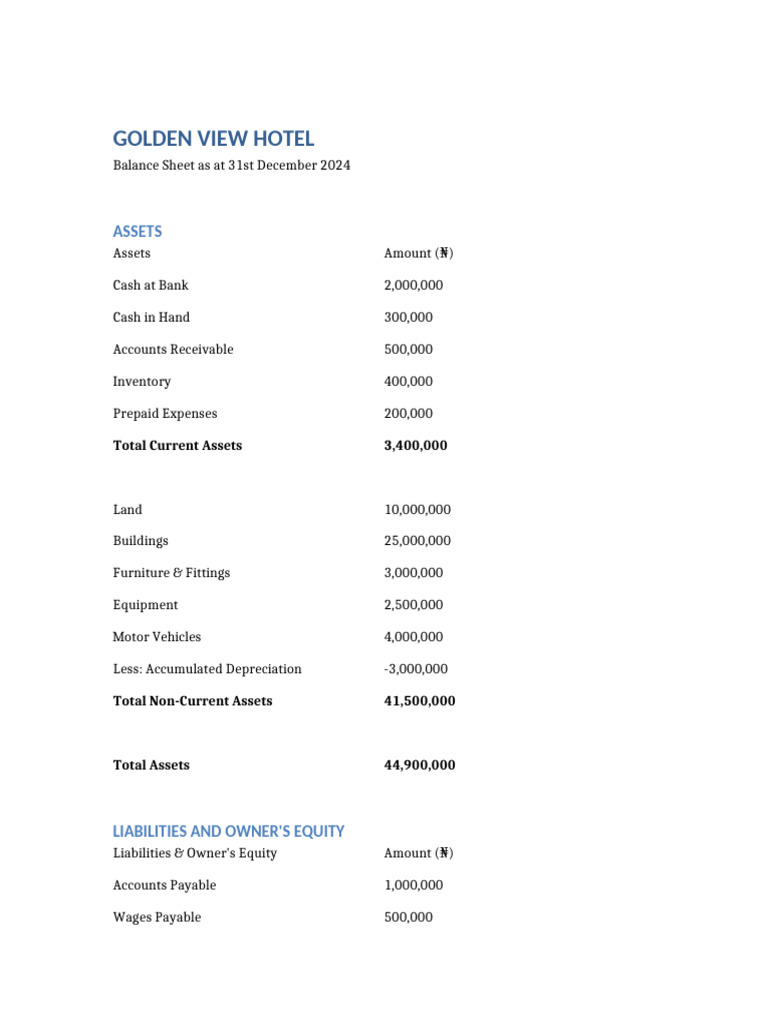 Golden View Hotel Balance Sheet 2024 | PDF