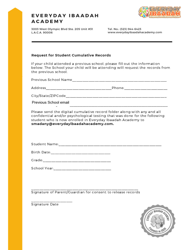 EDIA Student Request For Records Authorization | PDF