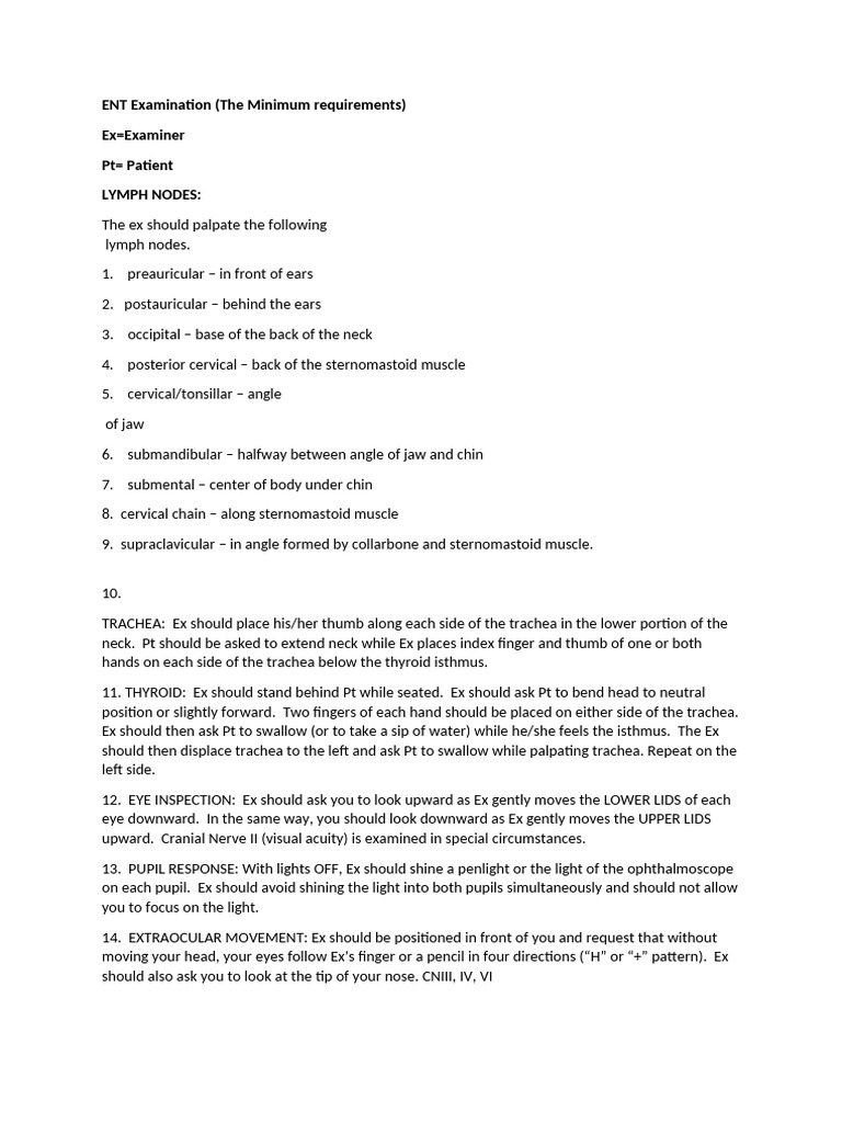 ICM Week 1 & 2 ENT Examination (Minimum Requirements) | PDF | Neck ...