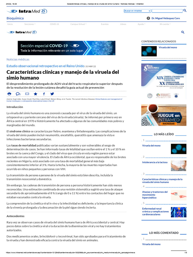 Características Clínicas y Manejo de La Viruela Del Simio Humano | PDF ...