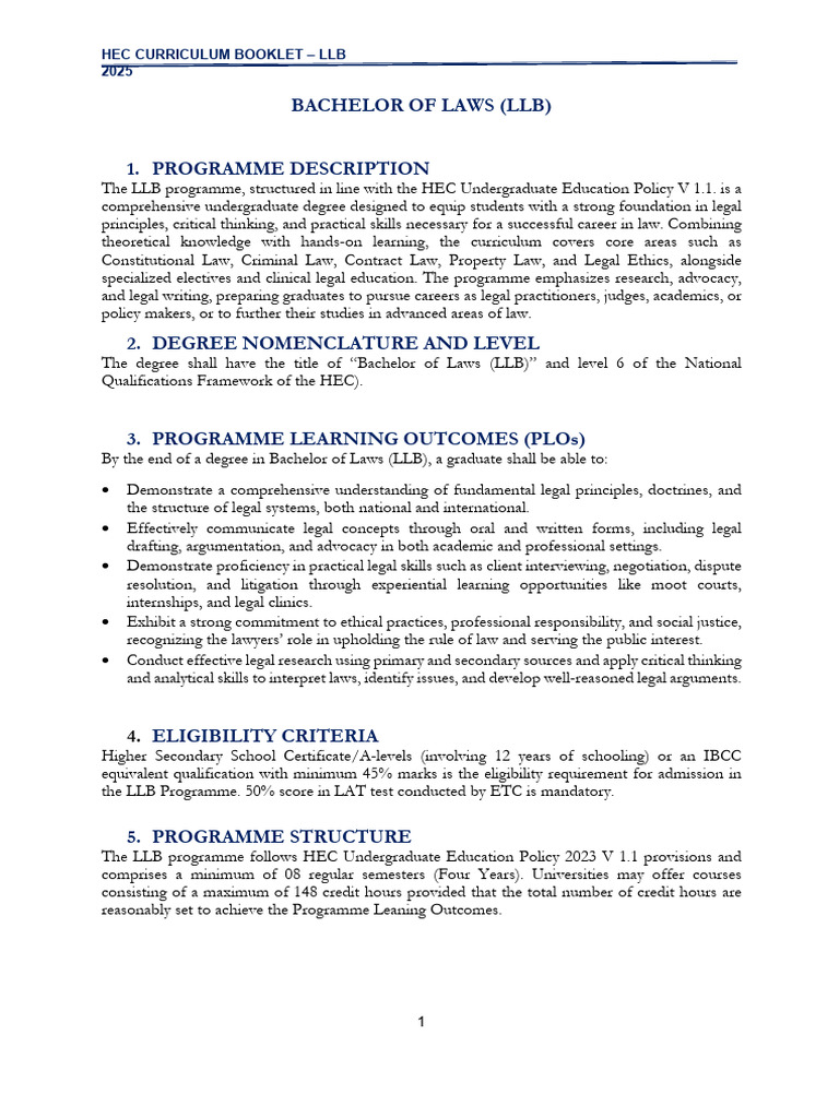 HEC LLB Curriculum Overview 2025 | PDF | Course Credit | Sharia