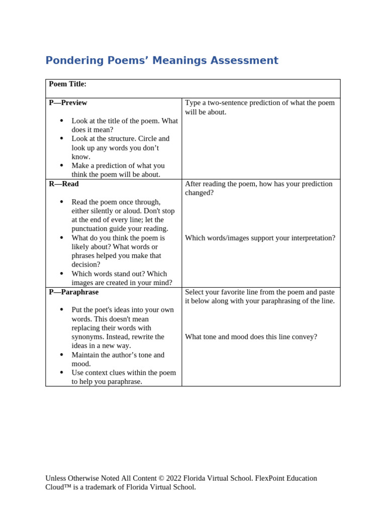 Pondering Poems Assess Rubric | PDF | Poetry | Grammar