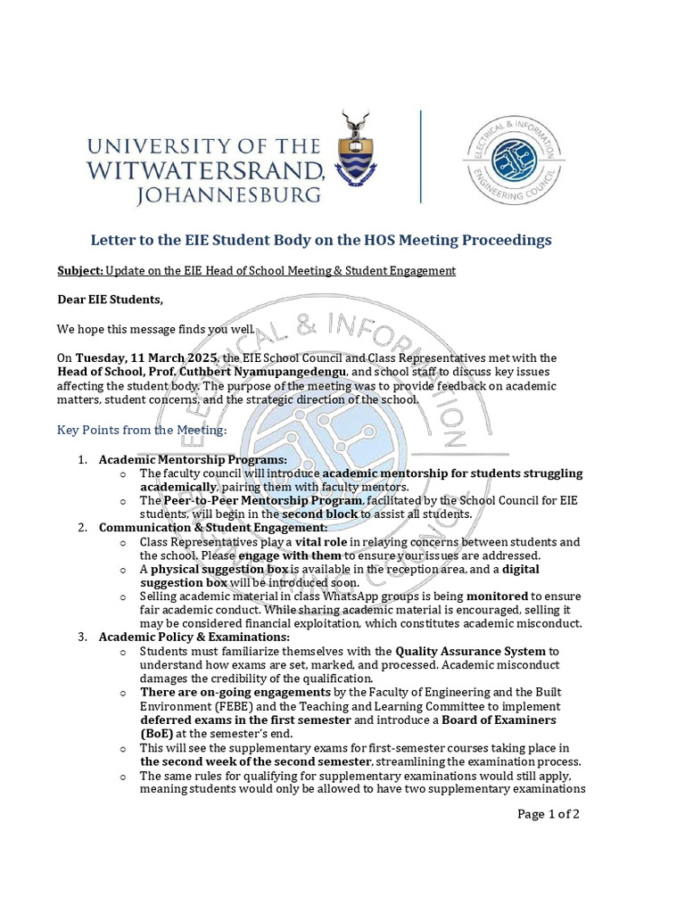 EIE Student Body Meeting Update | PDF | Mentorship