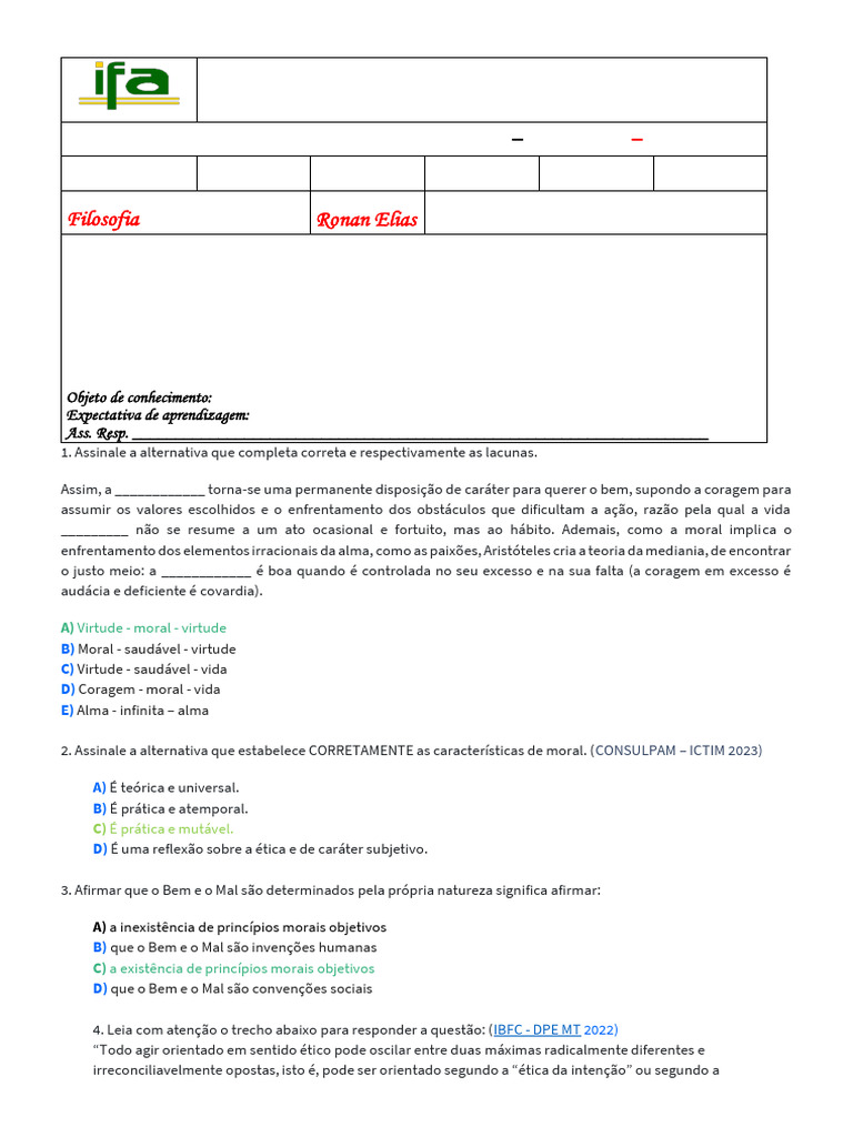 9º Ano Prova Respondida | PDF | Baruch Spinoza | Moralidade