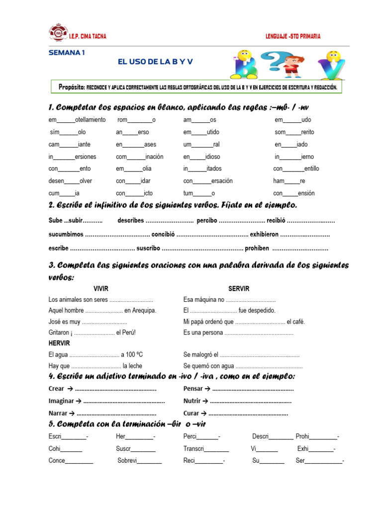 Ejercicios de ortografía: B y V para 5to | PDF