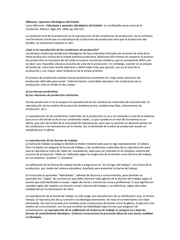 Ficha de Cátedra - Althusser | PDF | Ideologías | Estado (política)