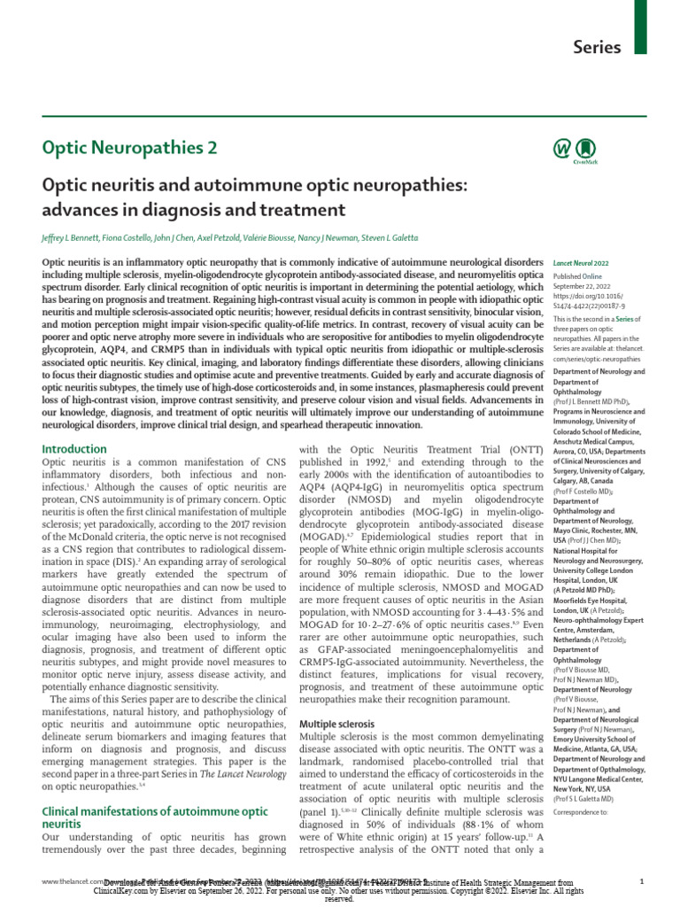 Optic Neuropathies 2 Optic Neuritis and Autoimmune Optic Neuropathies Advances in Diagnosis and ...
