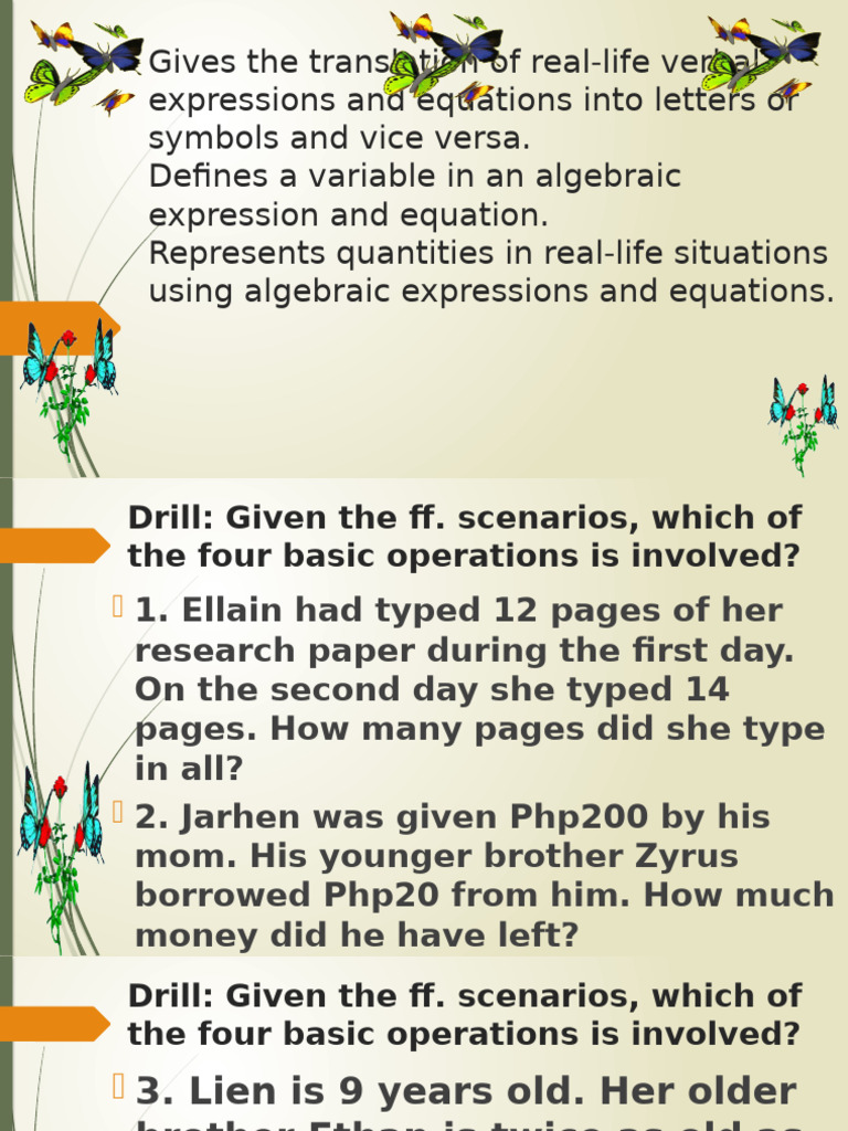 MATH 6 PPT Q3 - Translation of Real-Life Verbal Expressions and ...