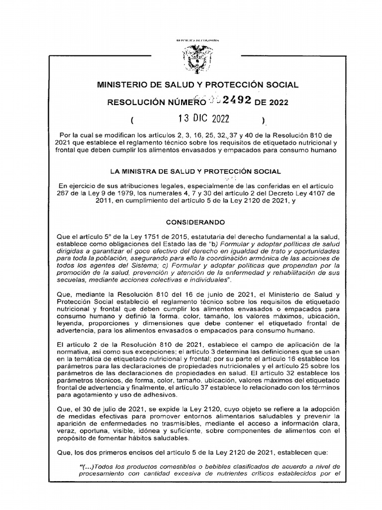 Modificación Resolución 2492 de 2022 | PDF | Alimentos | Nutrición