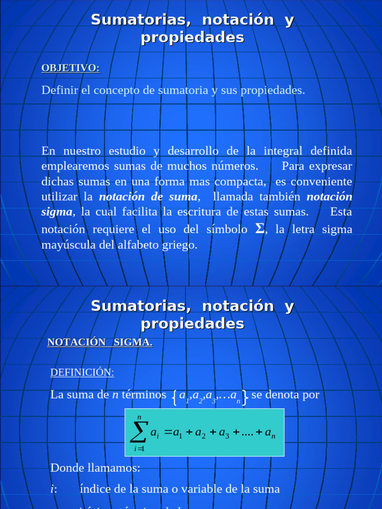SUMATORIAS, NOTACIÓN Y PROPIEDADES - PPT (1997-2003) | PDF | Suma | Matemática Elemental