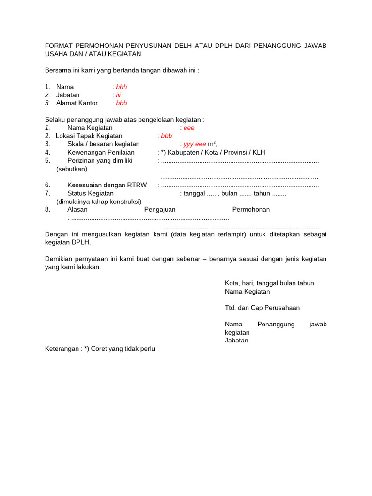 Format Permohonan Penyusunan DPLH | PDF