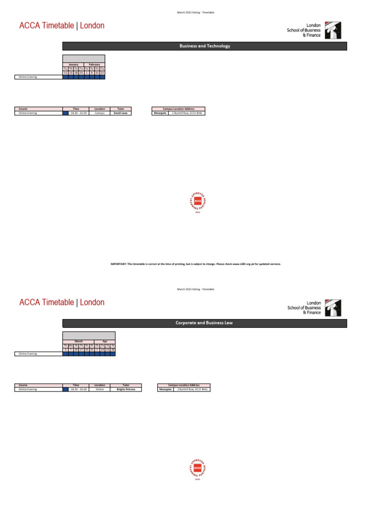 ACCA March 2022 Online Timetable | PDF | Accounting