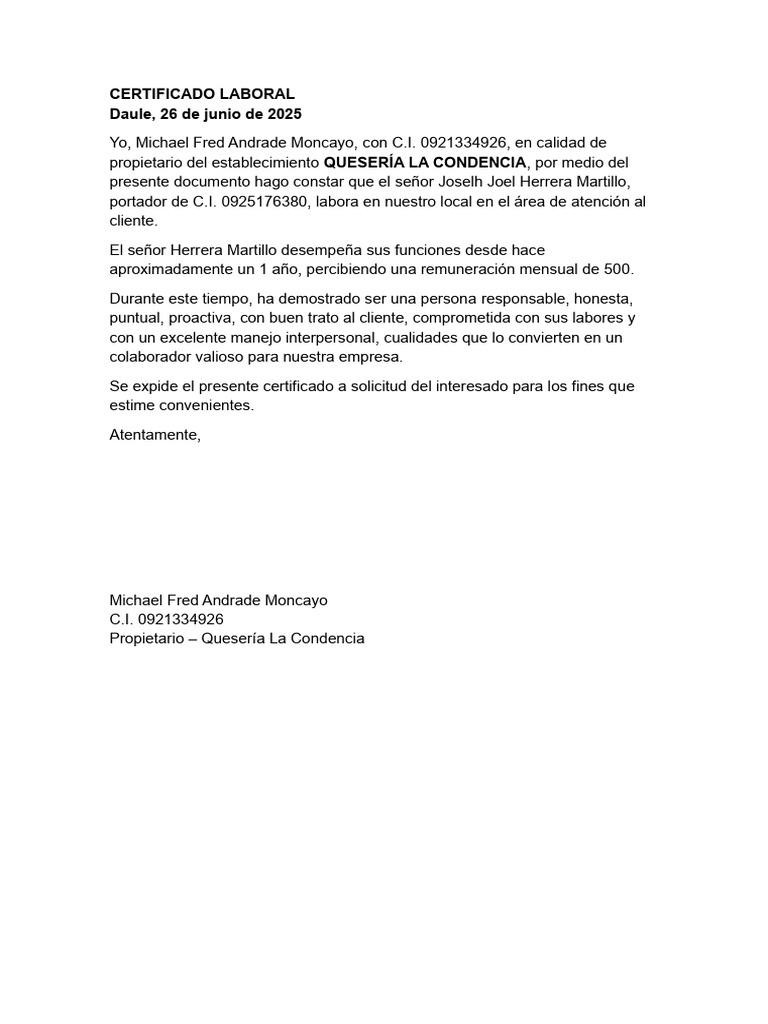 Certificado Laboral | PDF