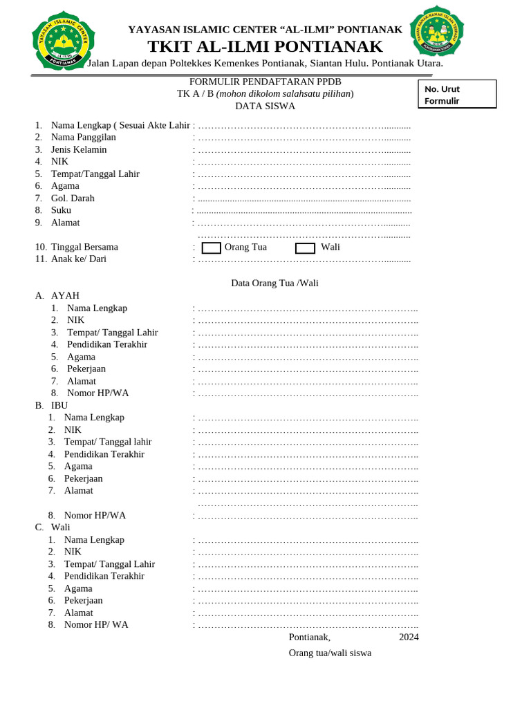 Formulir Pendaftaran TK Al-Ilmi | PDF