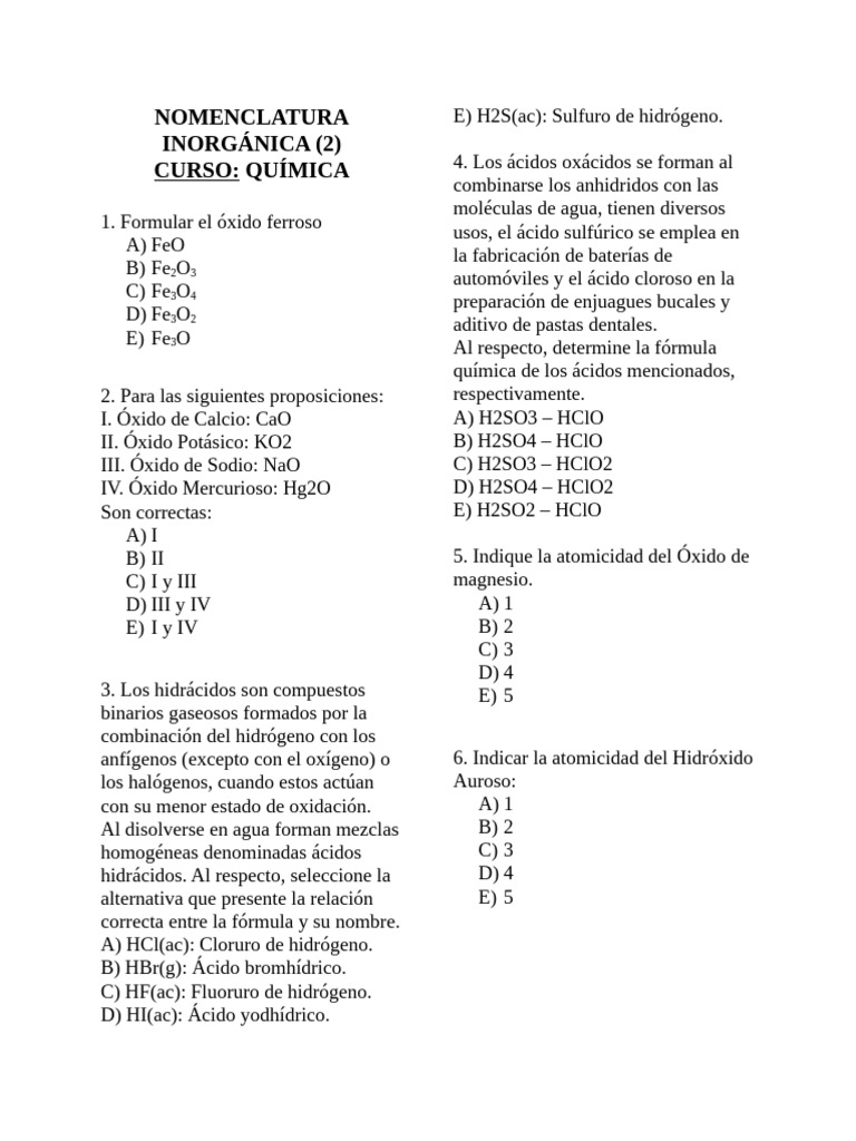 SIN CLAVE Ejercicios Nomenclatura Hidróxidos y Ácidos Asesoría Química | PDF | Hidróxido | Ácido