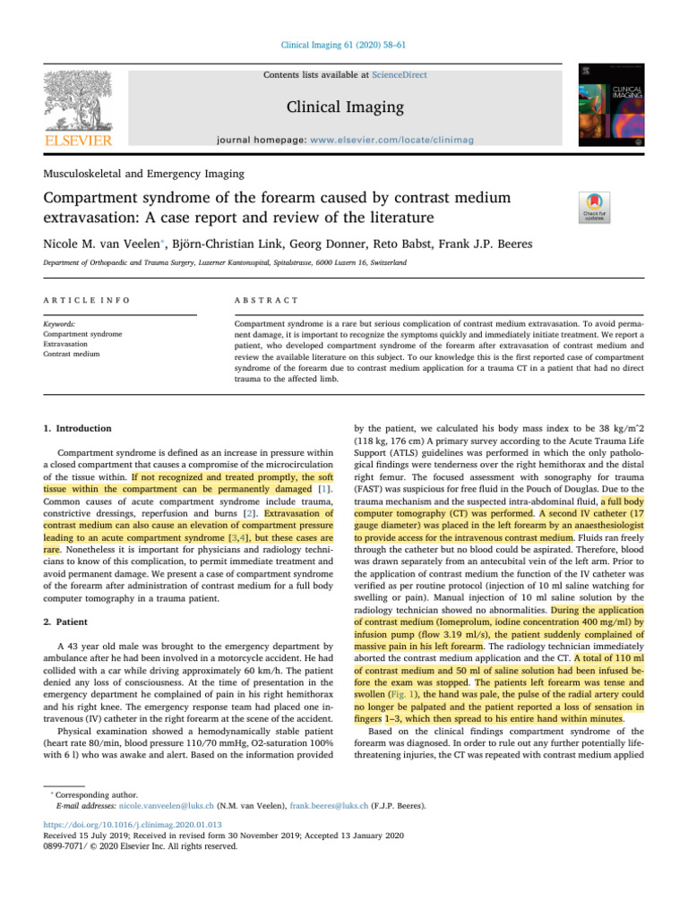 2020 Compartment Syndrome of The Forearm Caused by Contrast Medium ...