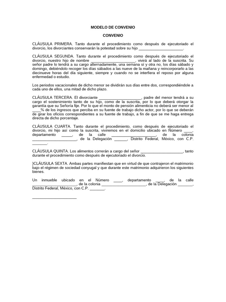 Modelo De Convenio Para Divorcio Incausado Pdf