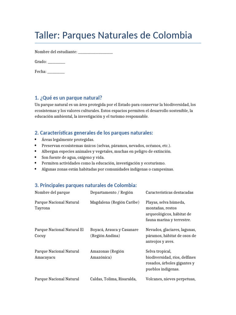Taller sobre Parques Naturales de Colombia | PDF | Entorno natural ...
