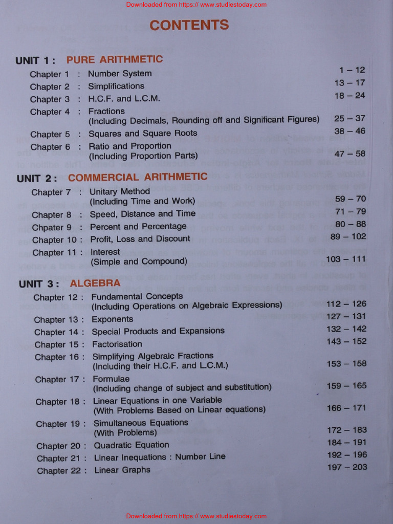 ICSE Class 8 Maths Contents | PDF