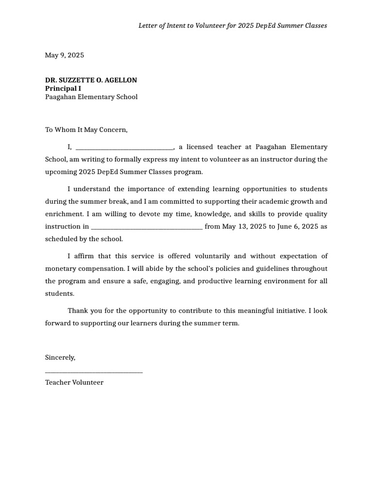 Letter of Intent Teacher Volunteer Summer Class | PDF
