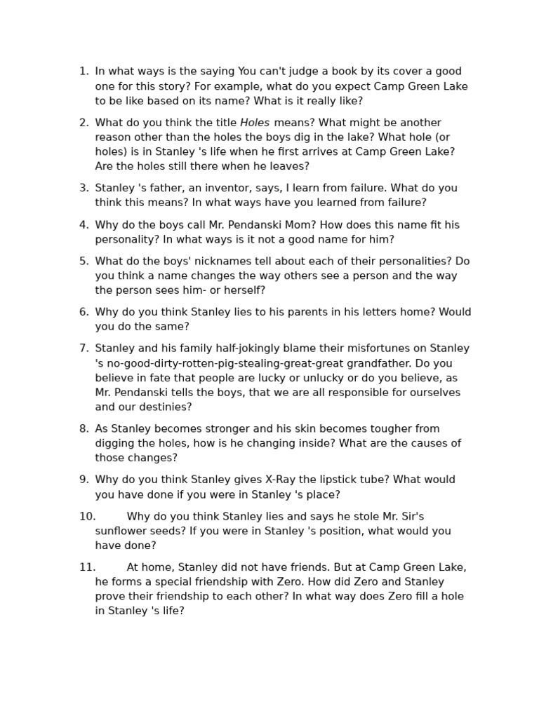 Holes Discussion and Comprehension Questions | PDF