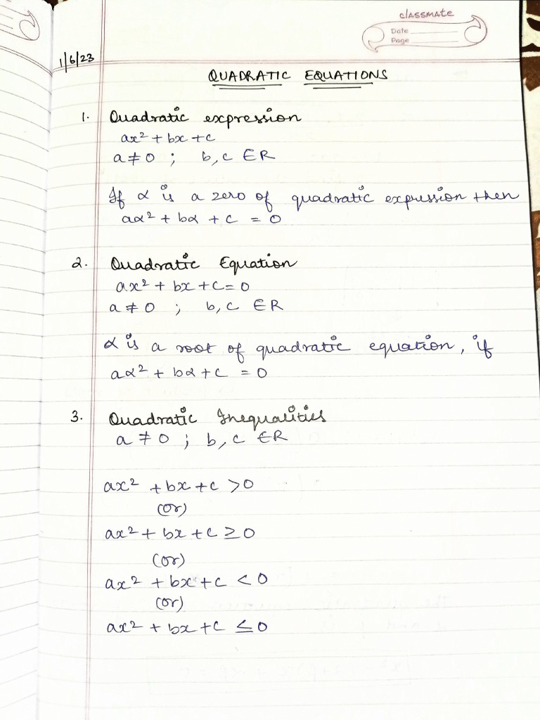 Maths Notes Quadratic Eqns | PDF