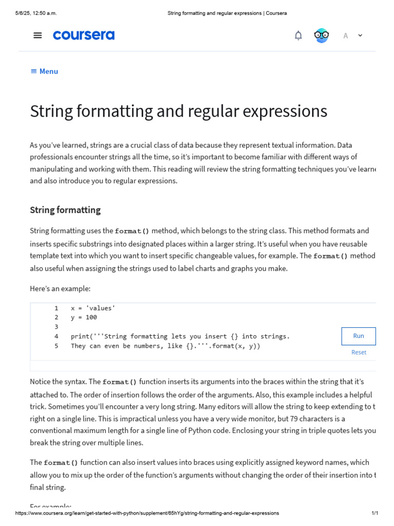 String Formatting and Regular Expressions - Coursera | PDF | String (Computer Science) | Regular ...