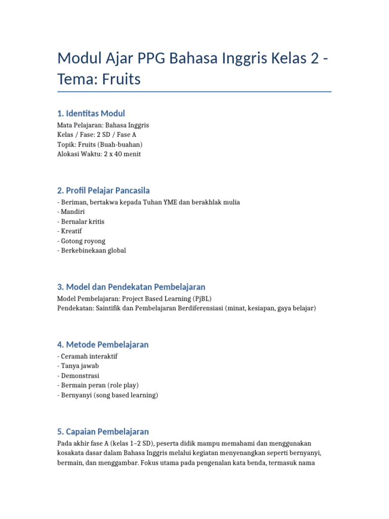 Modul Ajar PPG Bahasa Inggris Kelas 2 | PDF