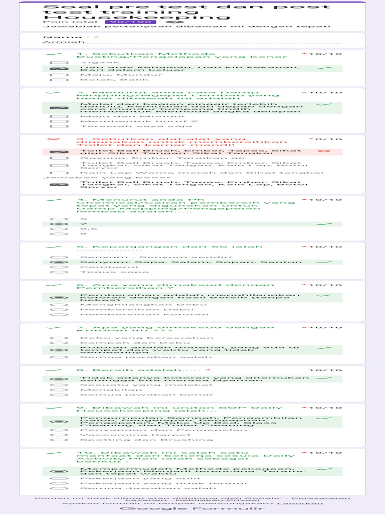 Soal Pre Test Dan Post Test Training Housekeeping | PDF
