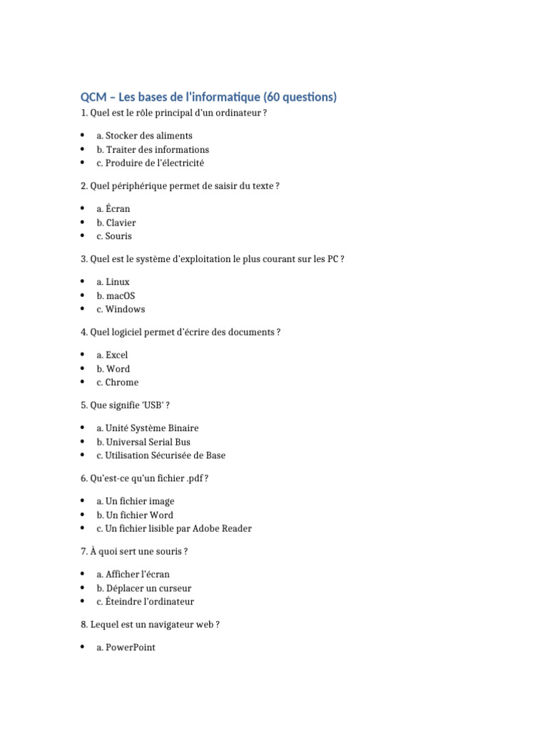 QCM Informatique : 60 Questions Clés | PDF | Fichier informatique ...