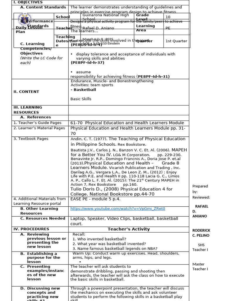 Grade 10 PE Lesson Plan: Basketball Skills | PDF | Physical Education ...