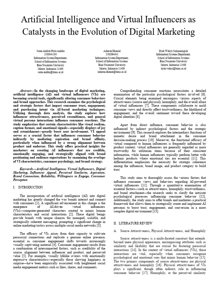 Artificial Intelligence and Virtual Influencers As Catalysts in The Evolution of Digital Ma ...