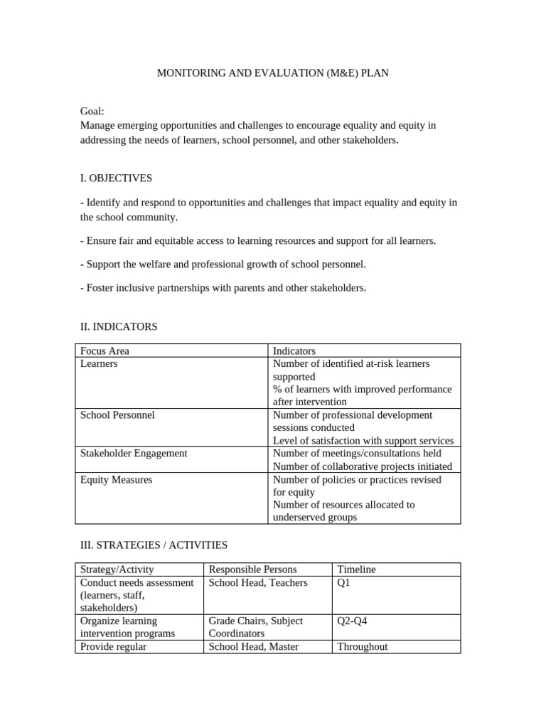 M&E Plan Equality Equity | PDF | Educational Assessment | Cognition