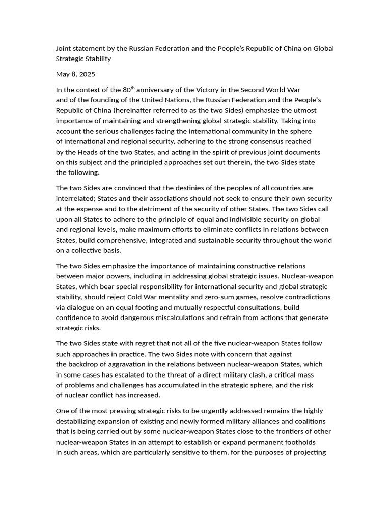 Joint Statement by Rusia China Strategic Stability 2022 | PDF | Treaty On The Non Proliferation ...