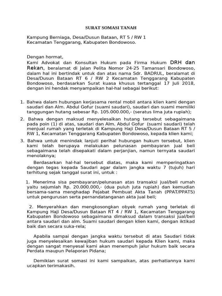 Surat Somasi Tanah | PDF